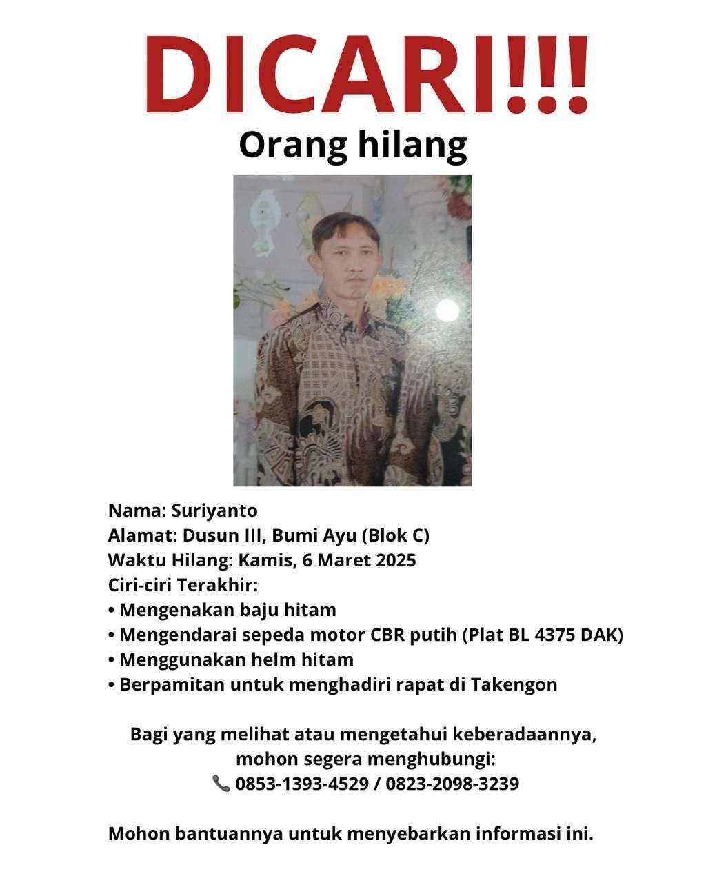 Sudah 3 Hari Suryanto Tidak Pulang - RRI.co.id